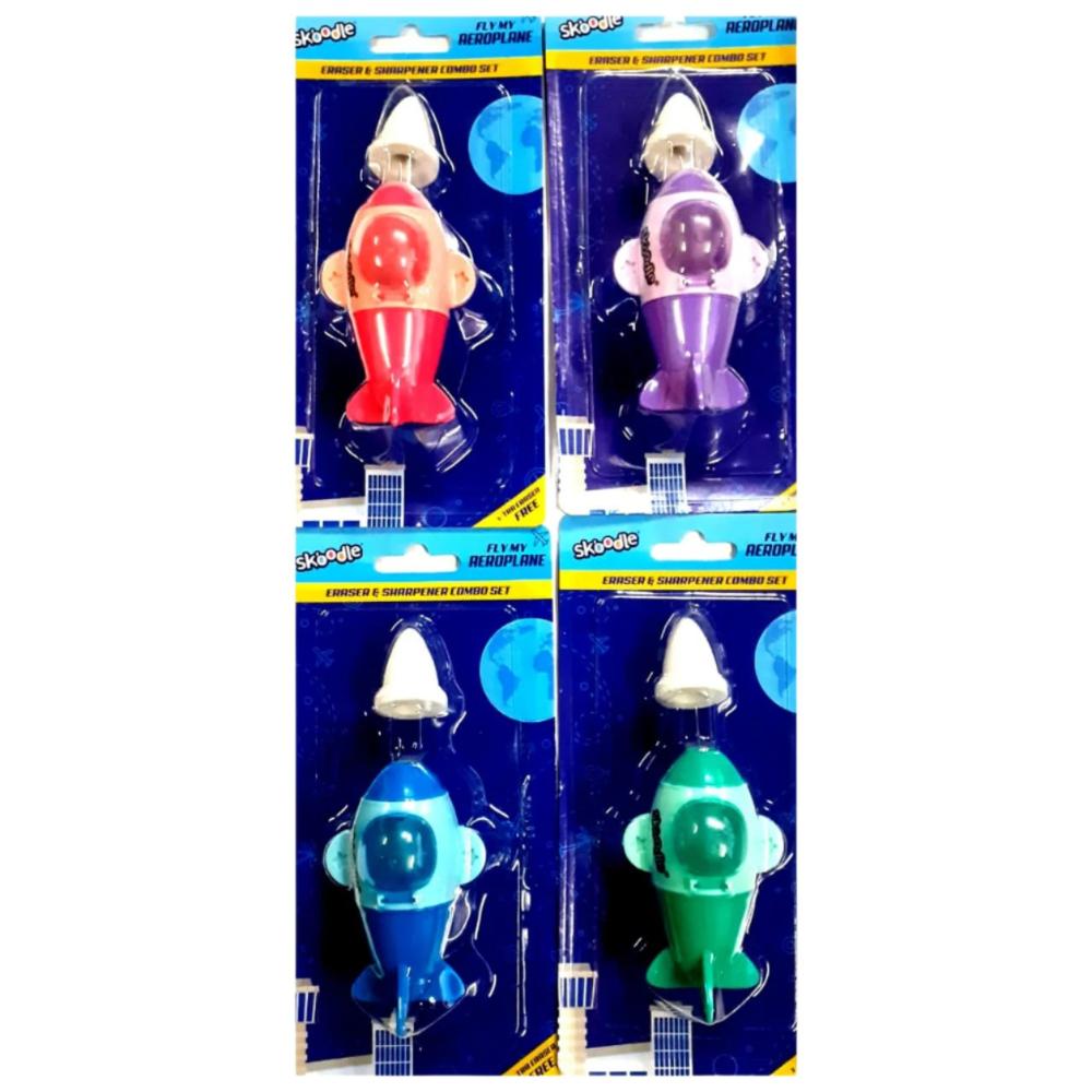 Skoodle Fly My Aeroplane Eraser & Sharpener Combo Set ( Pack of 4) — Toycra