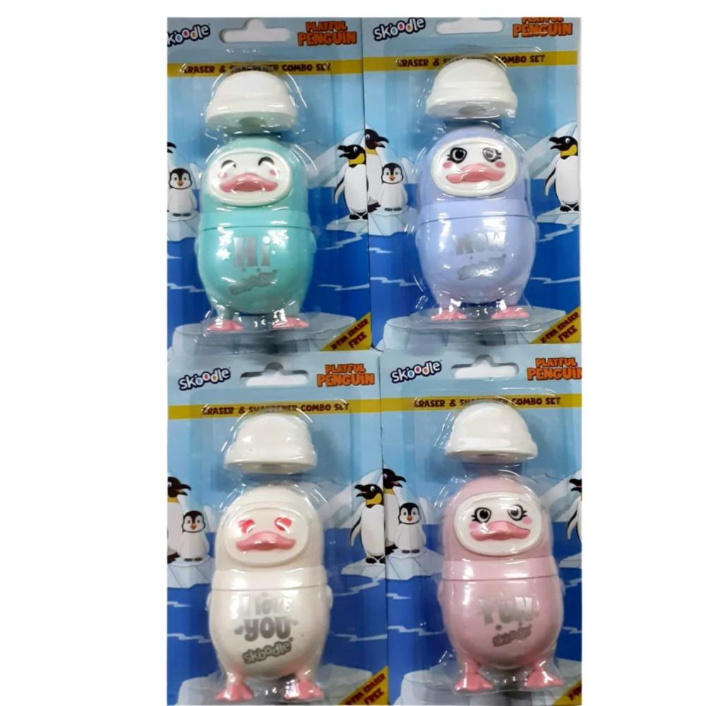 Skoodle Penguin Eraser & Sharpener Combo Set -Pack of 4 — Toycra